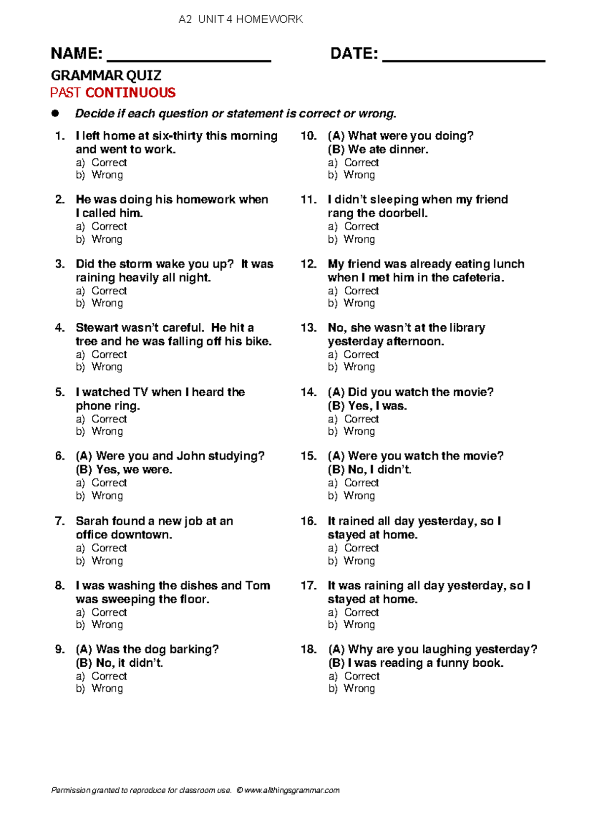 A2 UNIT 4 HW Grammar Quiz: Past Continuous Review - Studocu