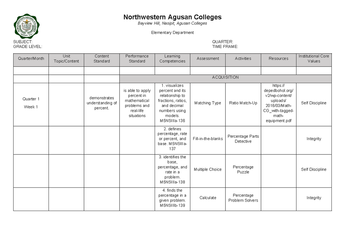 CsucsuMATH G5 Quarter 1 lesson plans on percentages and geometry - Studocu
