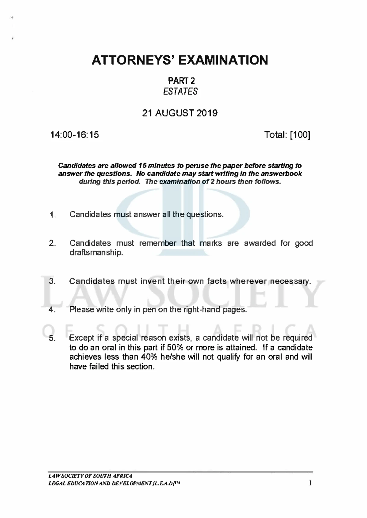 LAW SOCIETY OF SOUTH AFRICA ESTATES EXAMINATION PART 2 - 17 MARCH 2021 ...