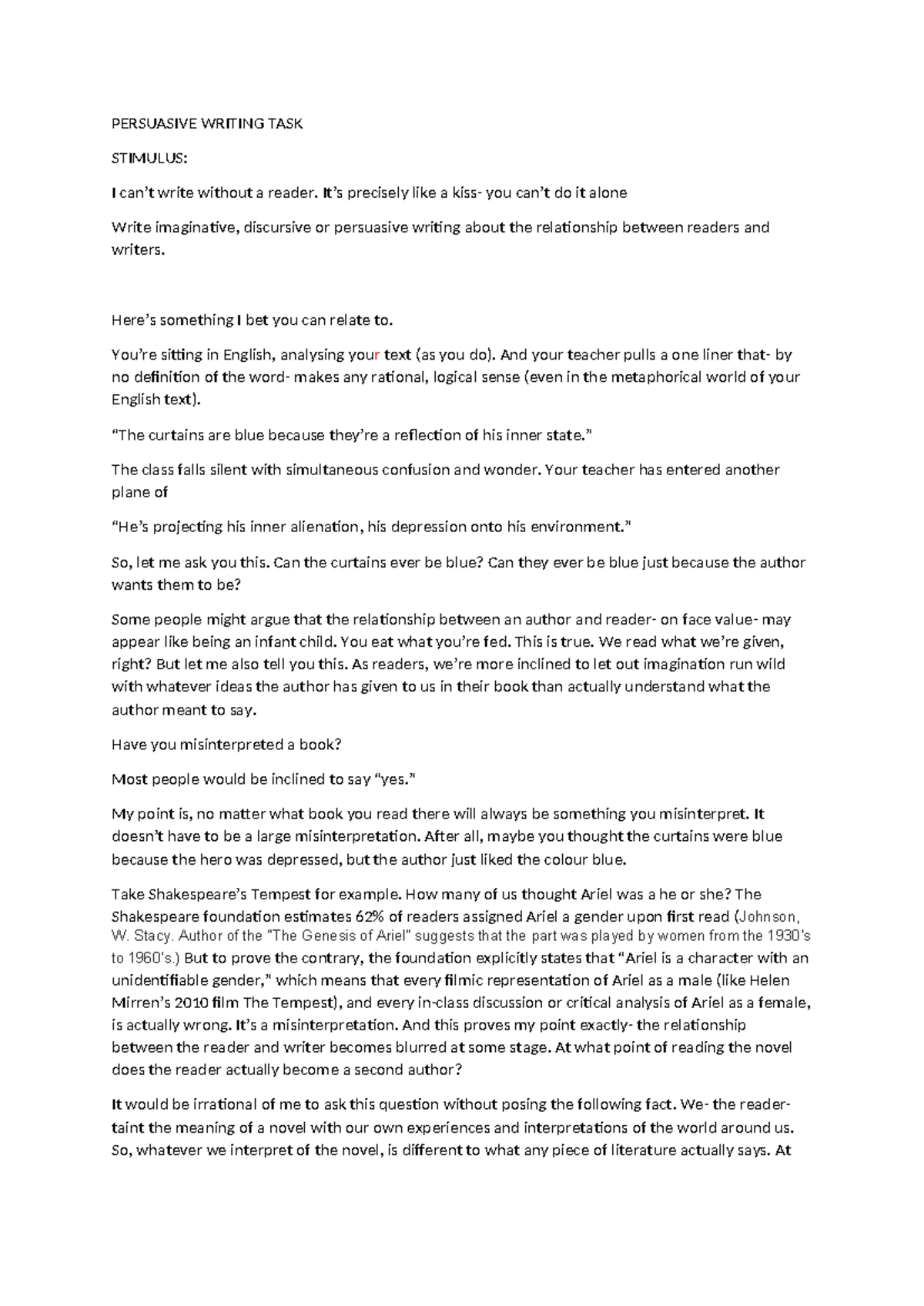 PERSUASIVE WRITING TASK: Exploring Reader-Writer Dynamics - Studocu