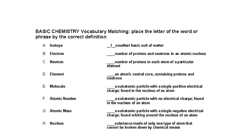 BASIC CHEM 2122 Vocabulary Matching Guide - Studocu