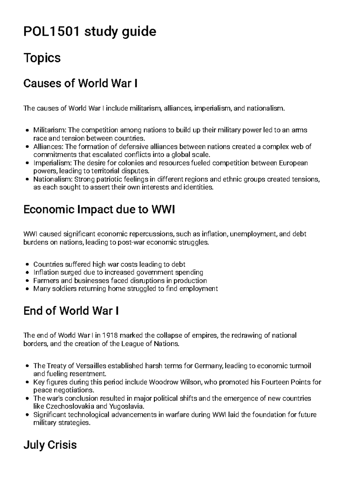POL1501 Final Exam Study Guide: Causes & Impact of WWI - Studocu