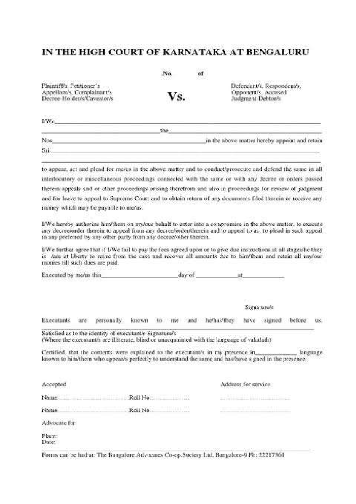 Vakalatnama for High Court of Karnataka - Legal Document Guidelines ...
