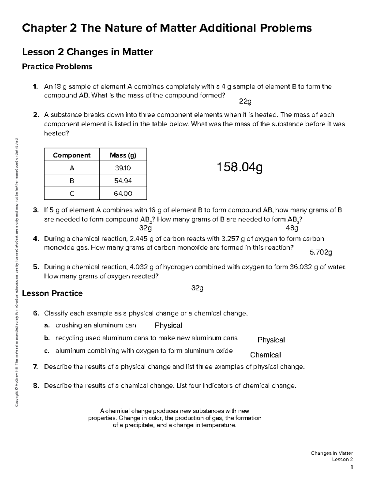 Chapter 2: Changes in Matter - Additional Problems (Lesson 2) - Studocu
