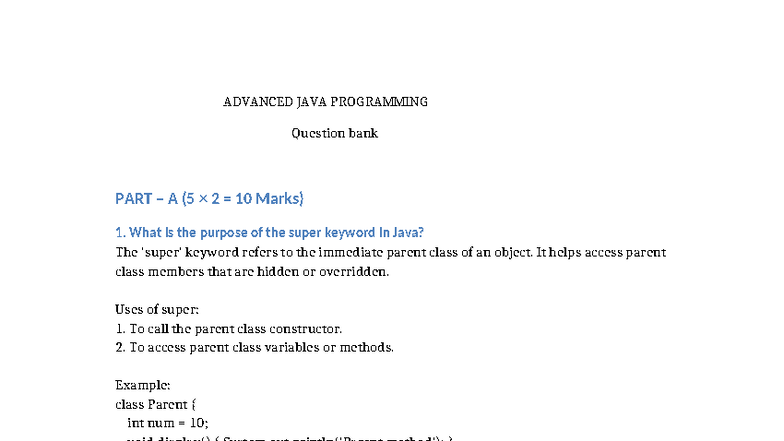ADVANCED JAVA PROGRAMMING Question Bank - Part A & B - Studocu