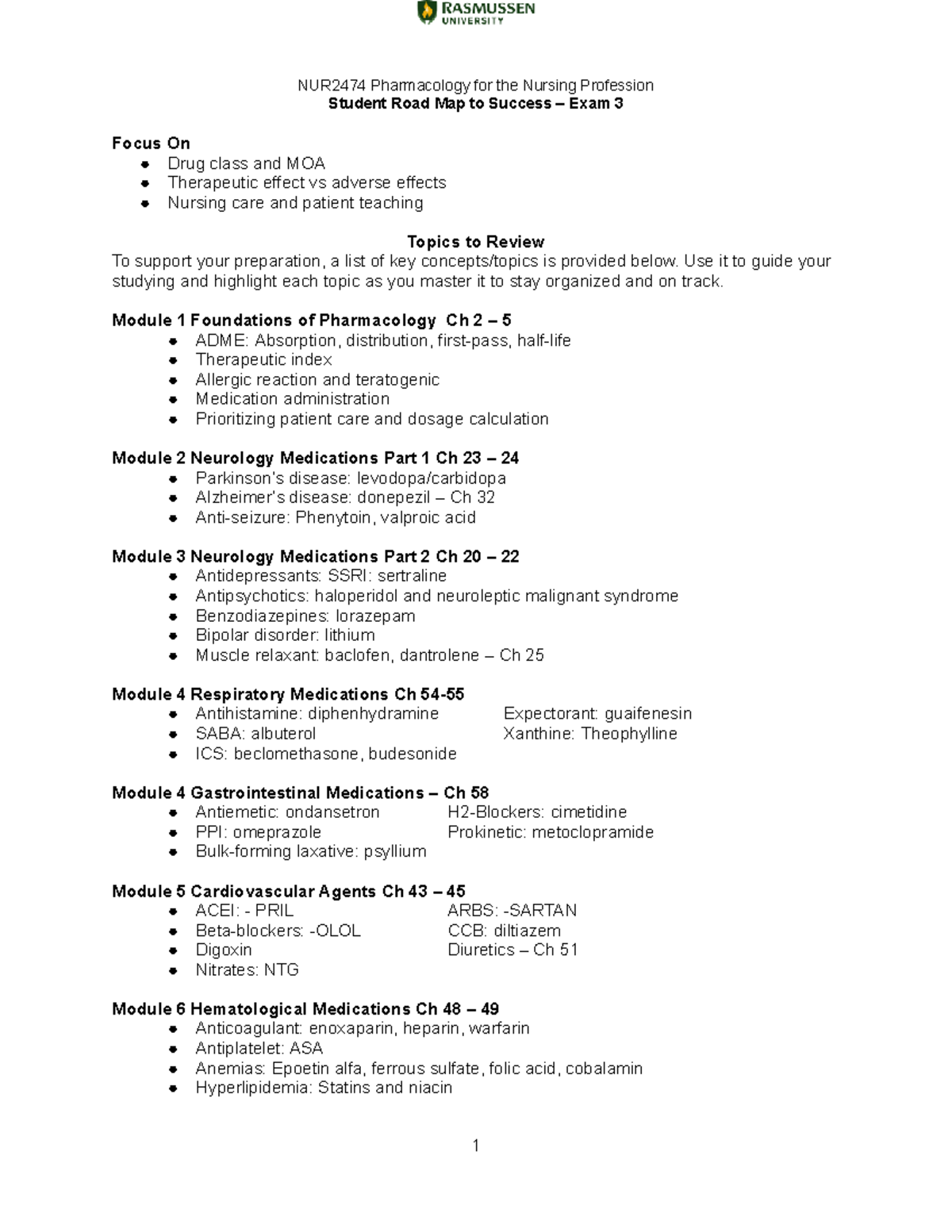 NUR2474 Exam 3 Road Map: Focus on Drug Classes & MOA - Studocu