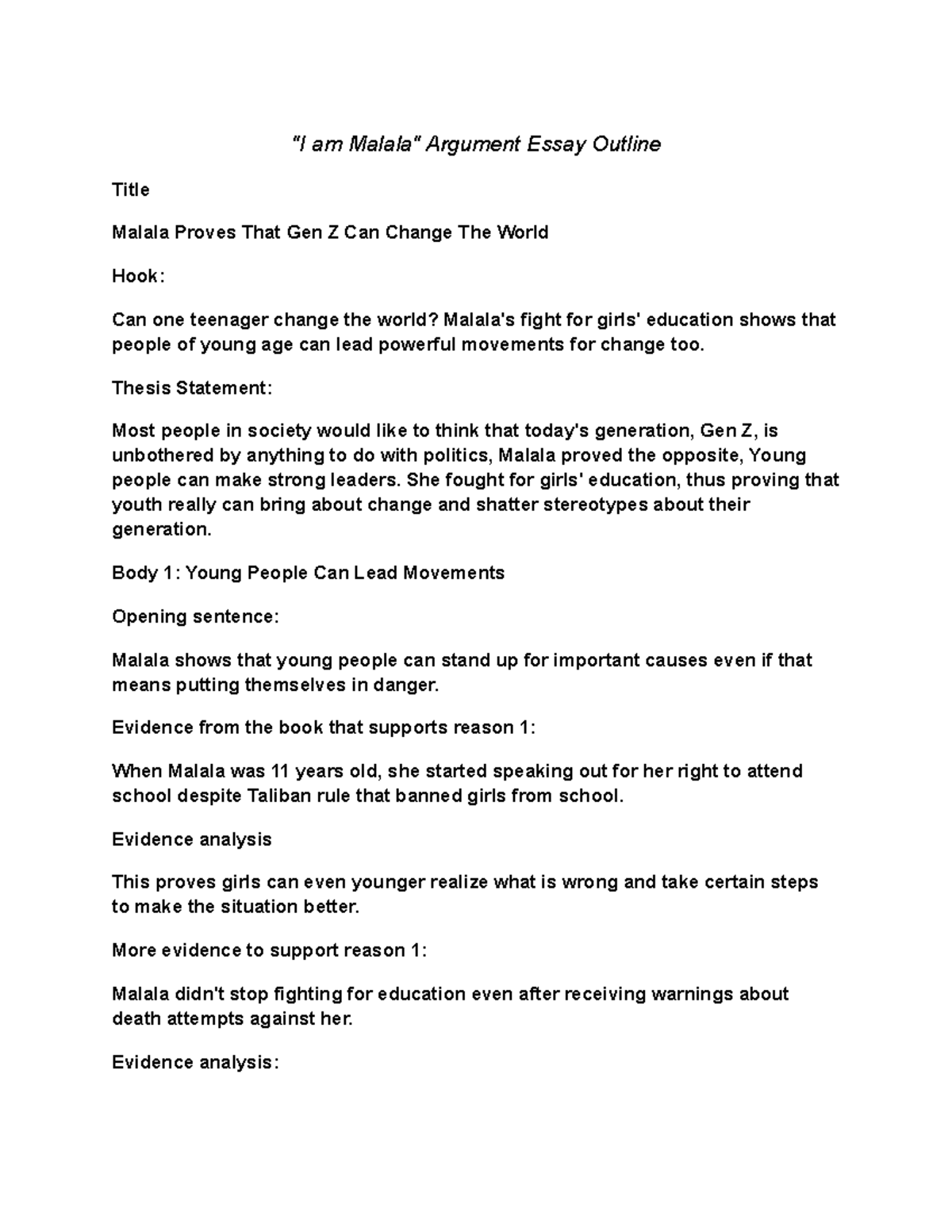 I am Malala": Argument Essay Outline on Gen Z Leadership and Change ...