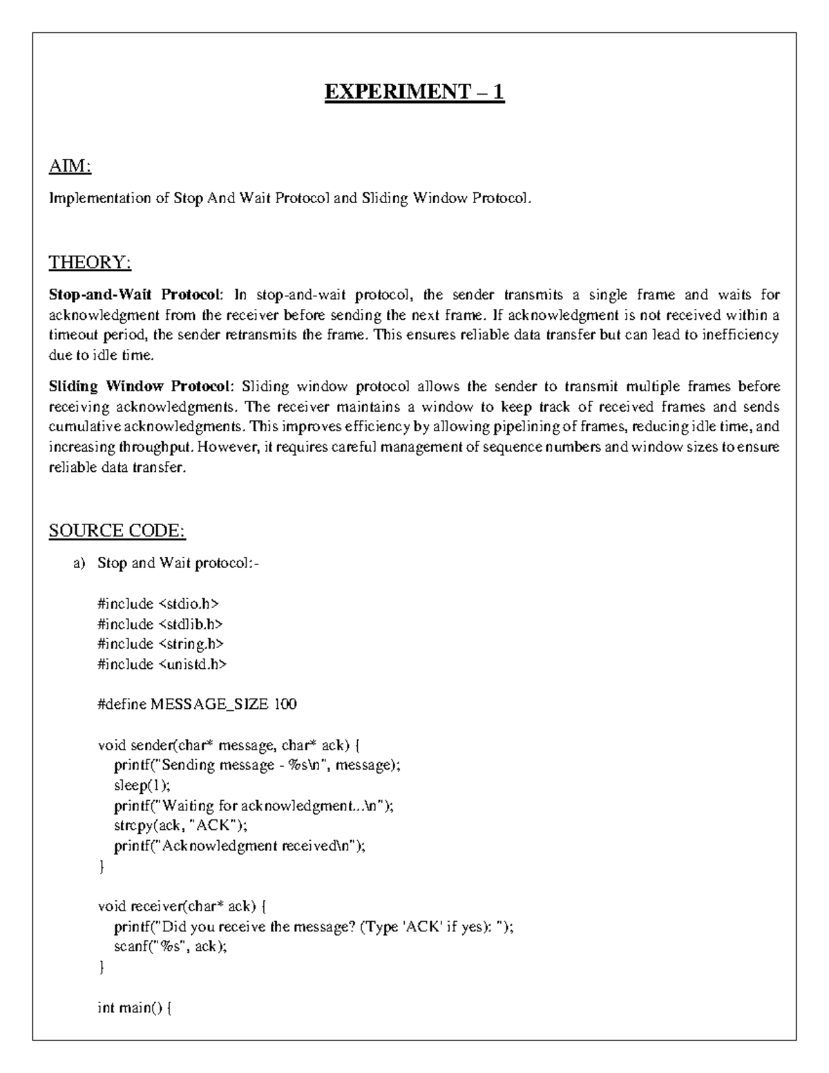 Cn 1-14 - Practical File - EXPERIMENT – 1 AIM: Implementation of Stop And Wait Protocol and ...