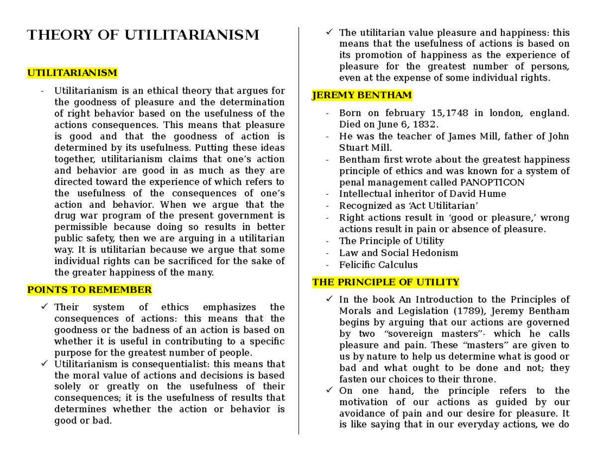 Jeremy Bentham Theory Of Utilitarianism Notes