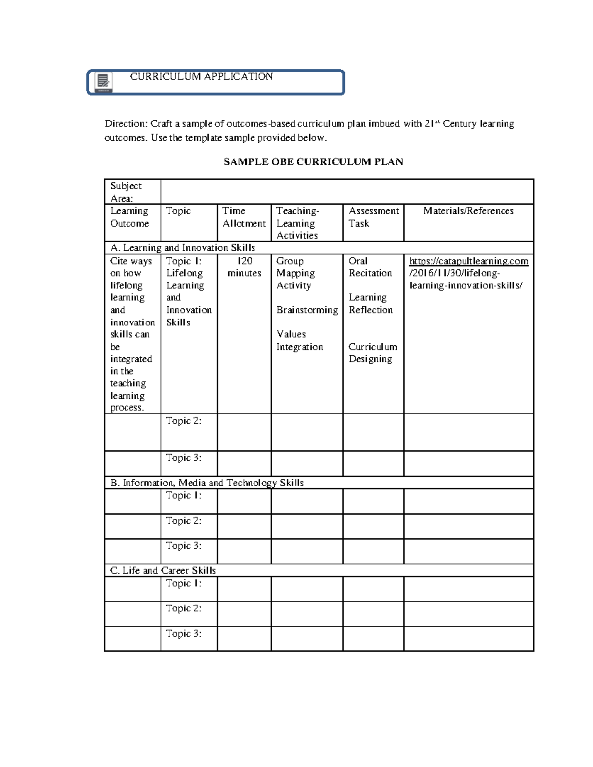 Sample OBE Curriculum Plan for 21st Century Learning Outcomes - Studocu