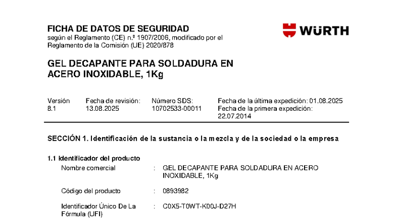 HDS GEL Decapante para Soldadura en Acero Inoxidable - SDS 1Kg - Studocu