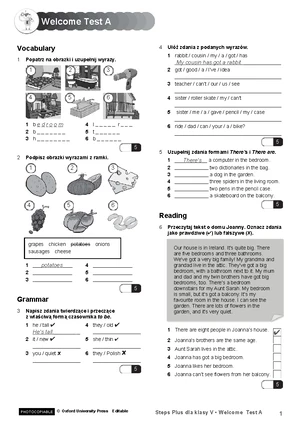 Steps Plus dla klasy V • Welcome Test C Vocabulary & Grammar - Studocu