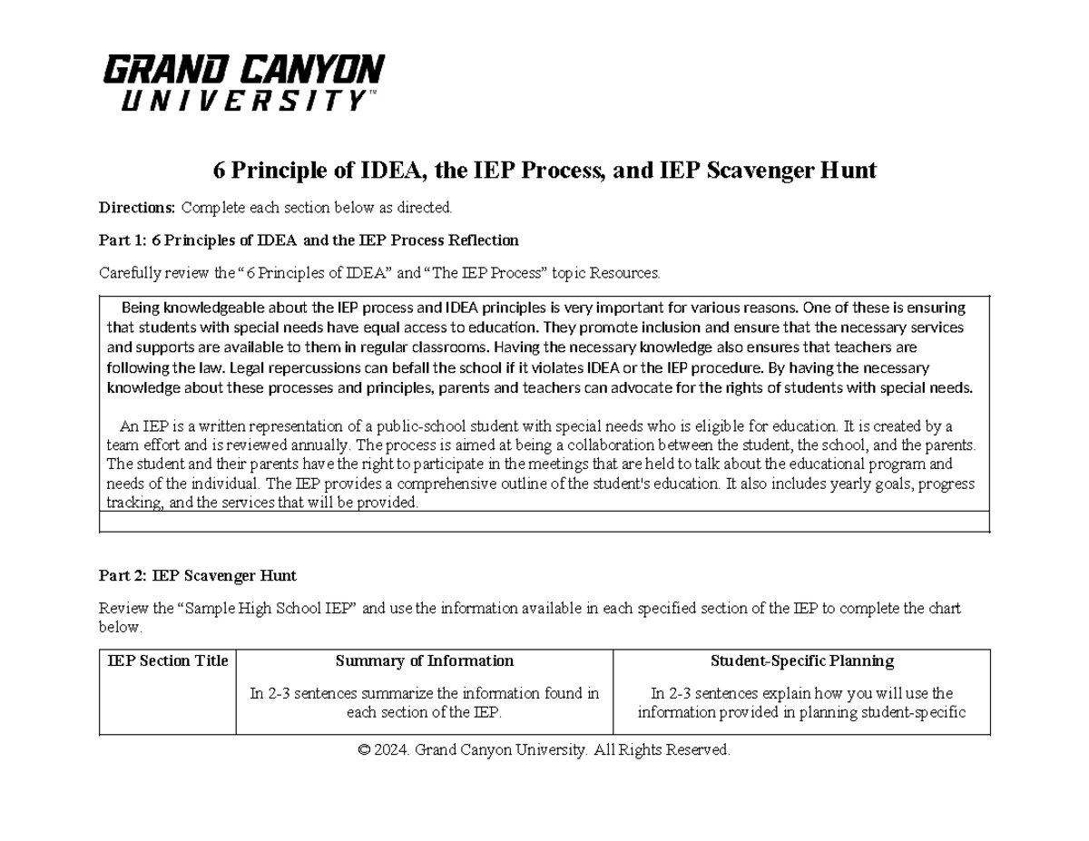 SPD-208 RS T1 6 Principles of IDEA and IEP Scavenger Hunt Guide - Studocu