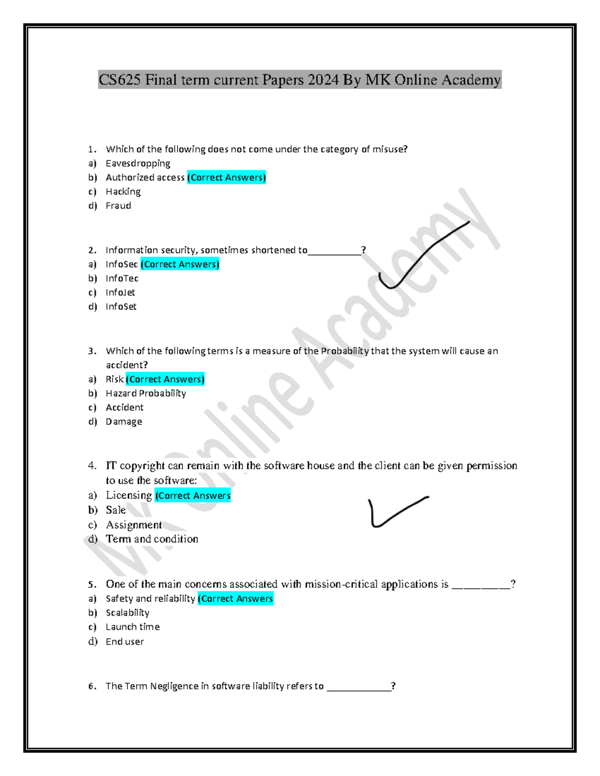 CS625 Final Term Current Papers 2024 - MK Online Academy - Studocu