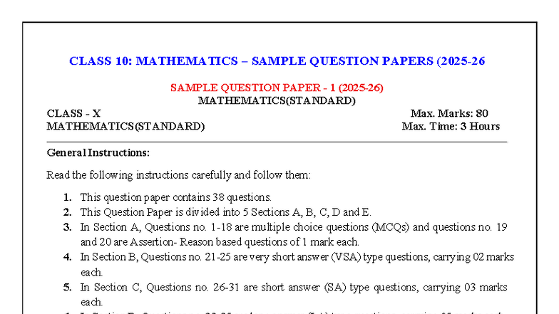 CLASS 10: MATHEMATICS SAMPLE QUESTION PAPER 1 (2025-26) - Studocu