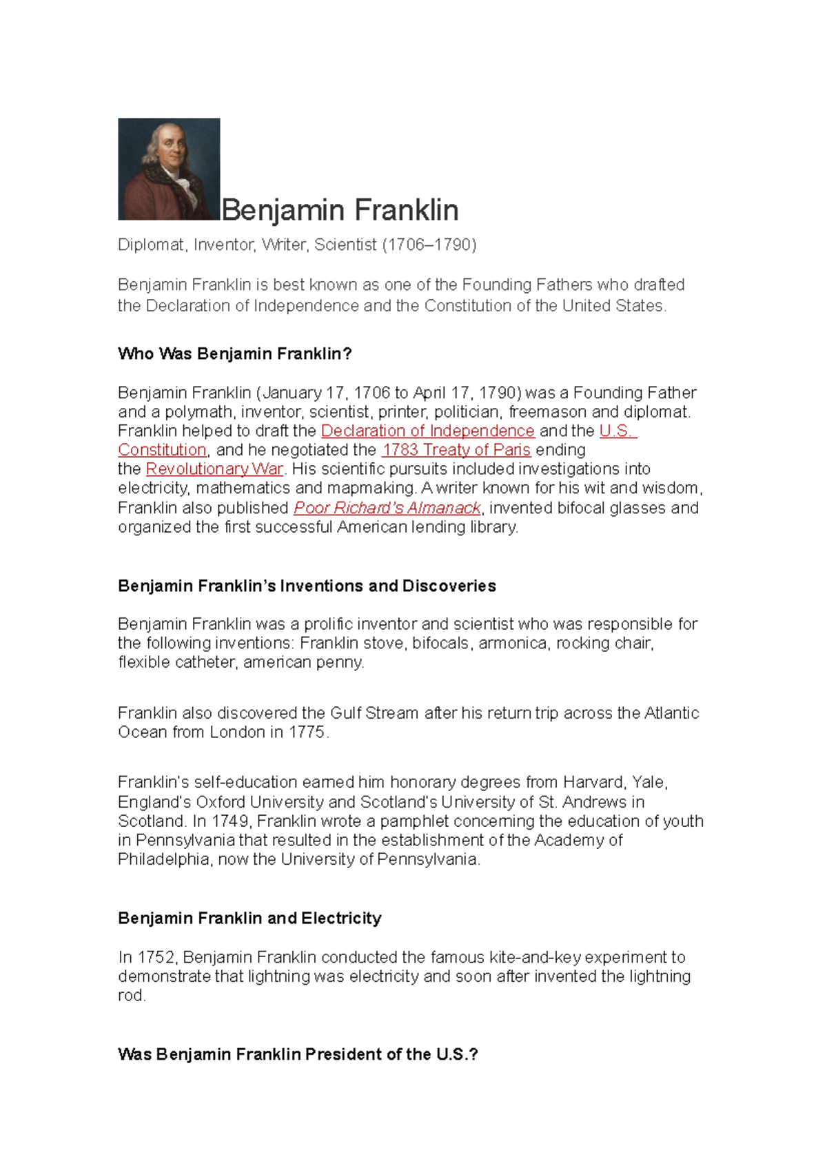 Franklin Summary - Benjamin Franklin Diplomat, Inventor, Writer ...