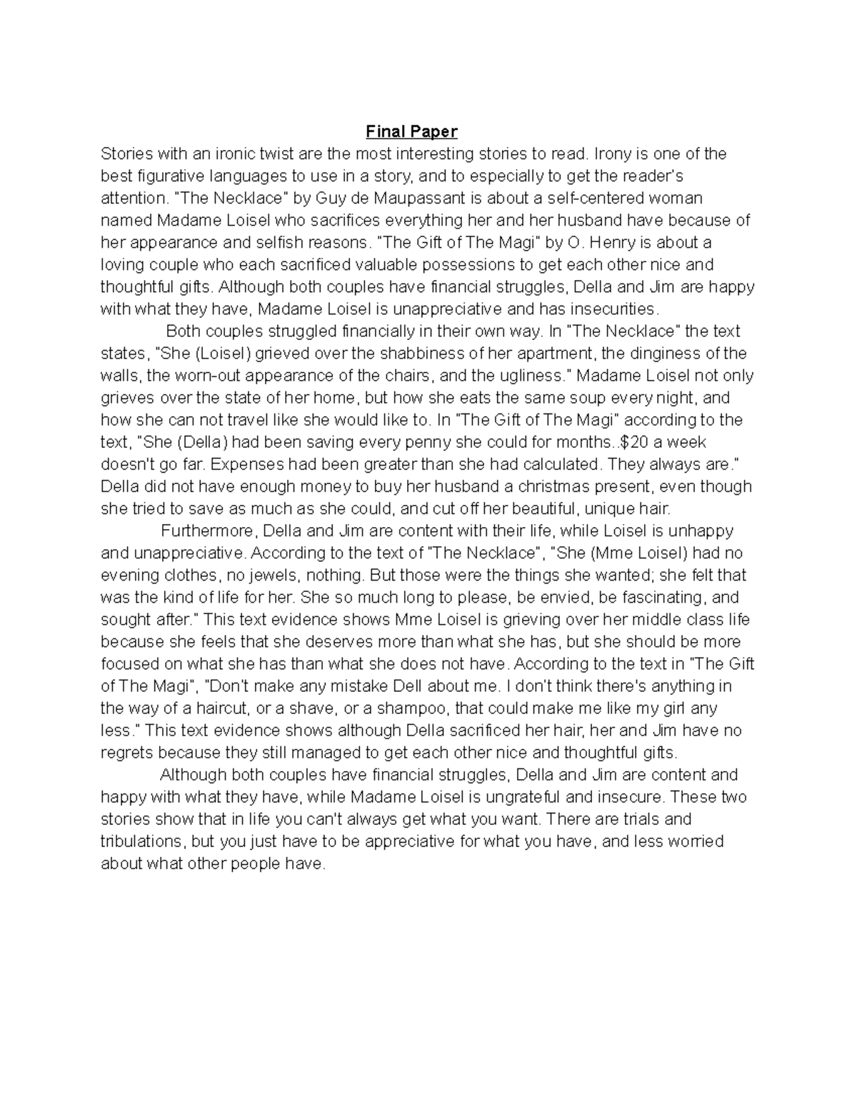 Final paper - Final Paper Stories with an ironic twist are the most ...