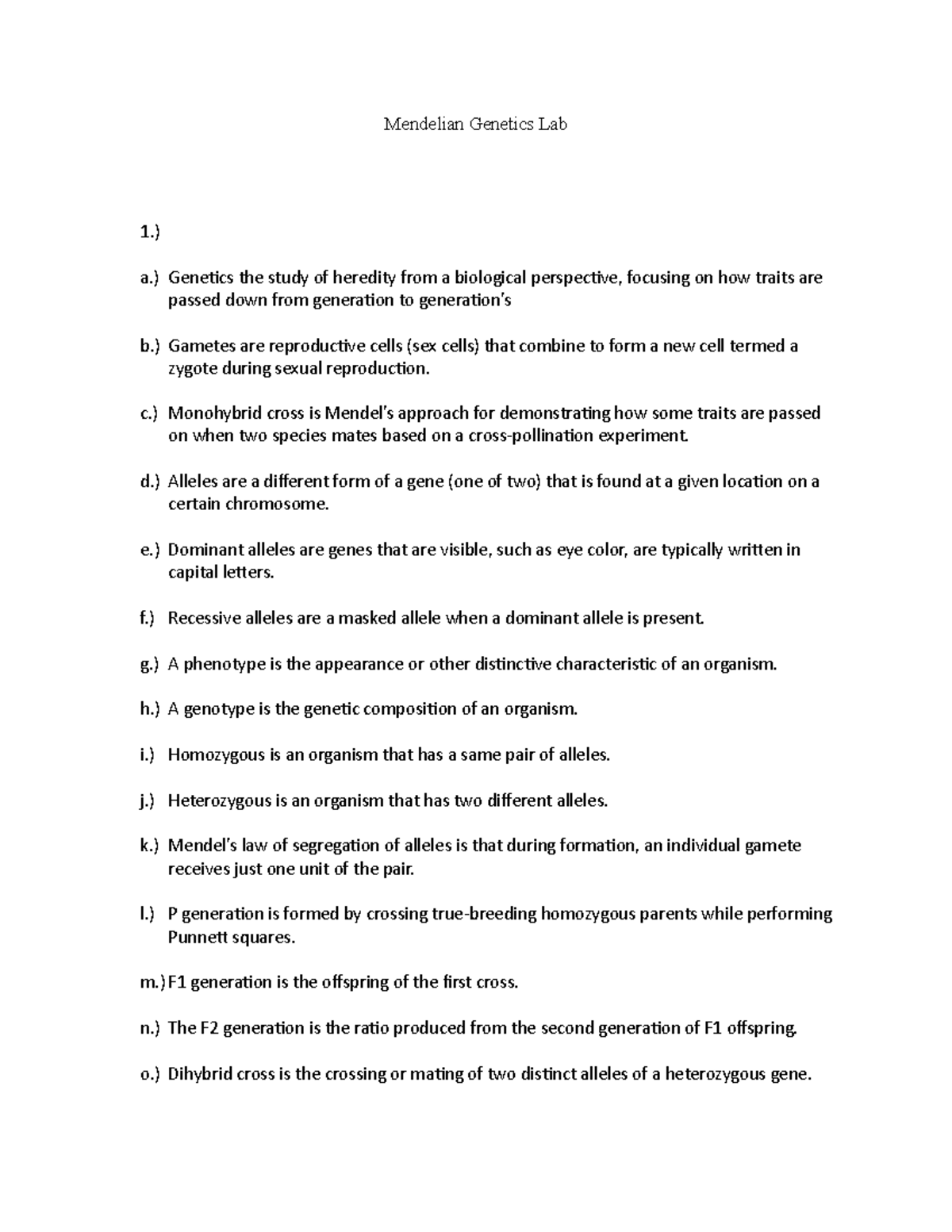 Mendelian genetics - bio lab - Mendelian Genetics Lab 1.) a.) Genetics ...