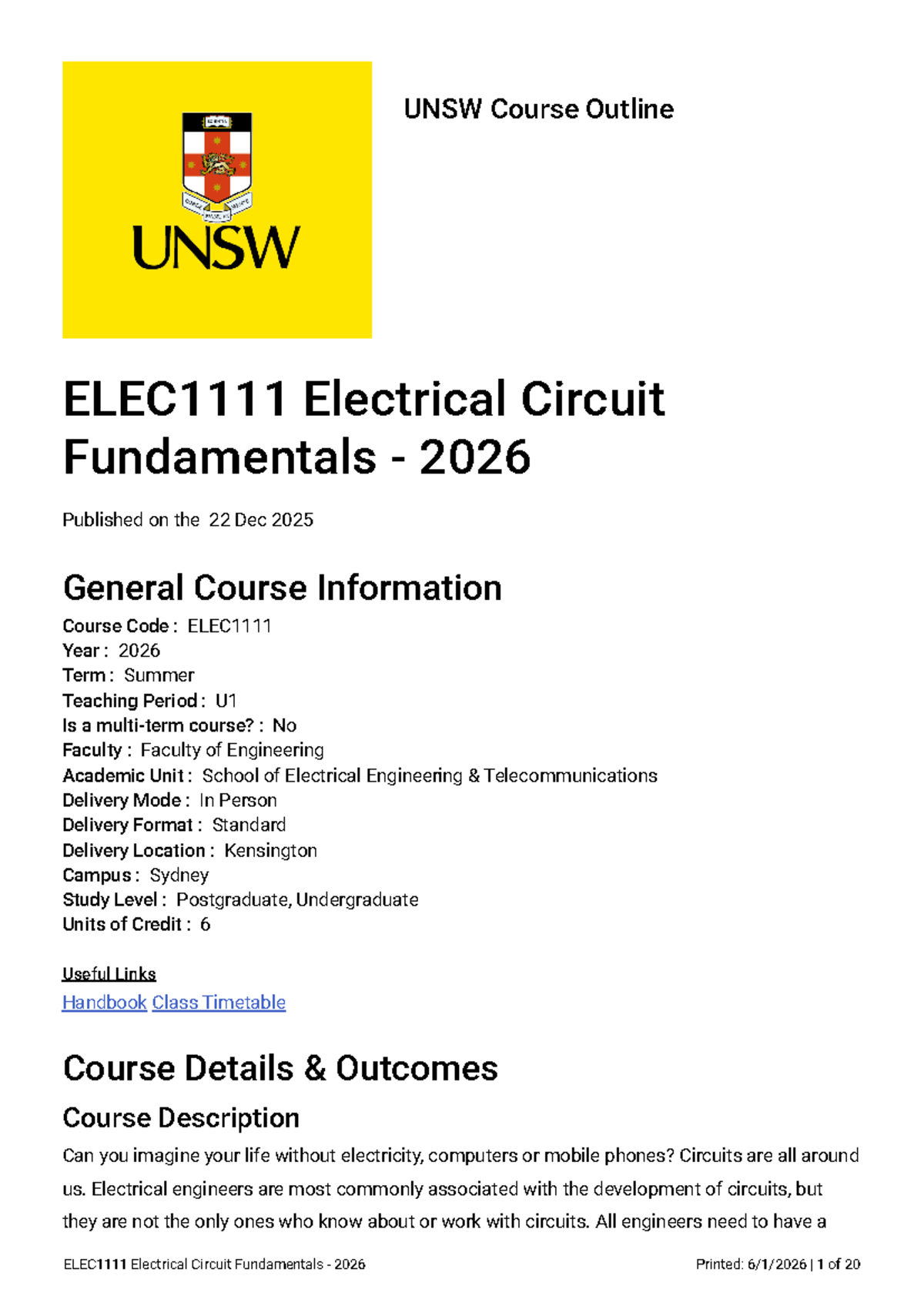 CO ELEC1111 Electrical Circuit Fundamentals Course Outline 2026 Summer ...