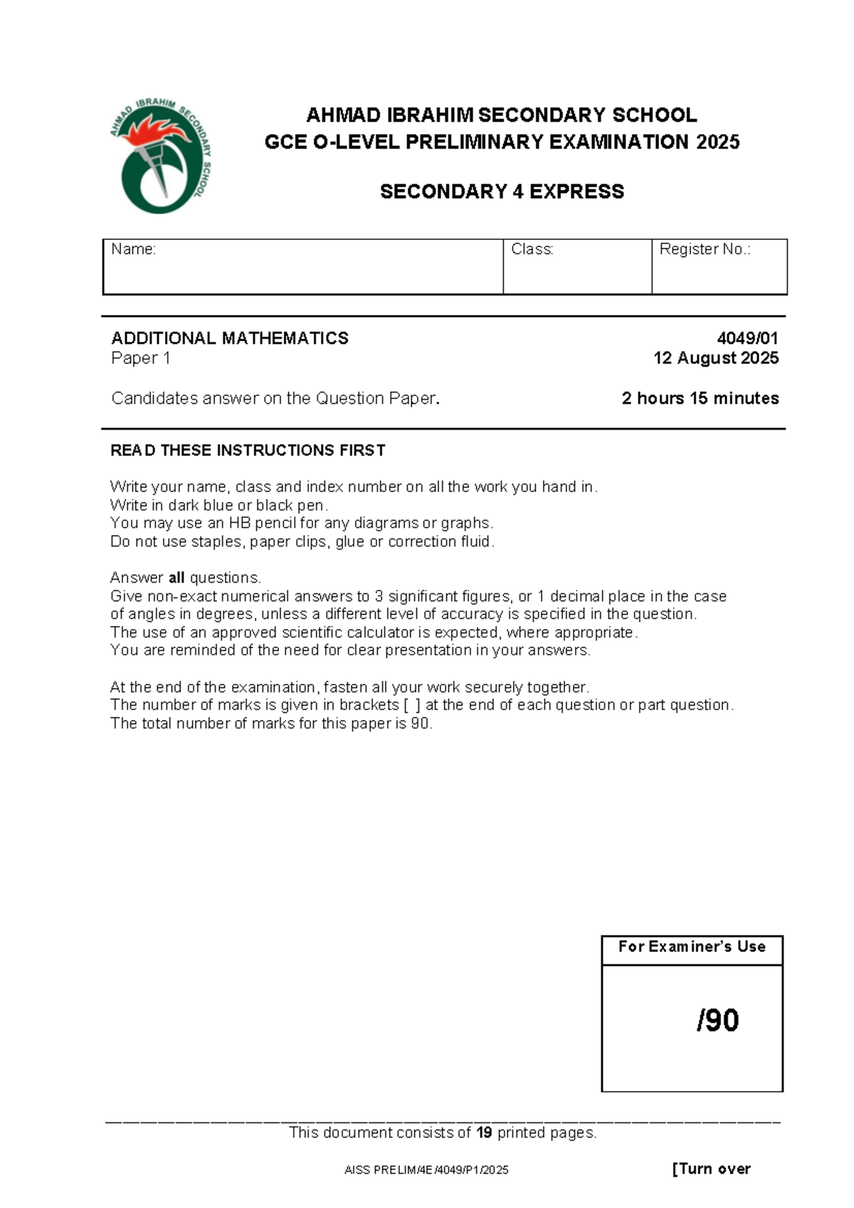 AISS 2025 Additional Mathematics Paper 1 Preliminary Exam QP - Studocu