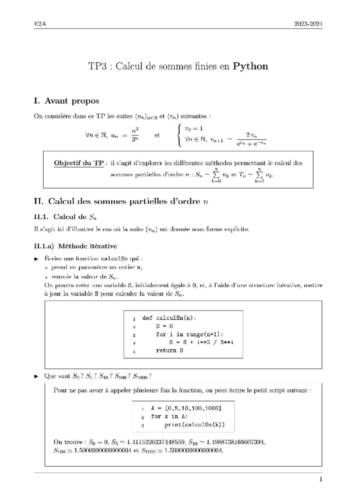E2A TP3 : Calcul des Sommes Finies en Python - Maths Appliquées - Studocu