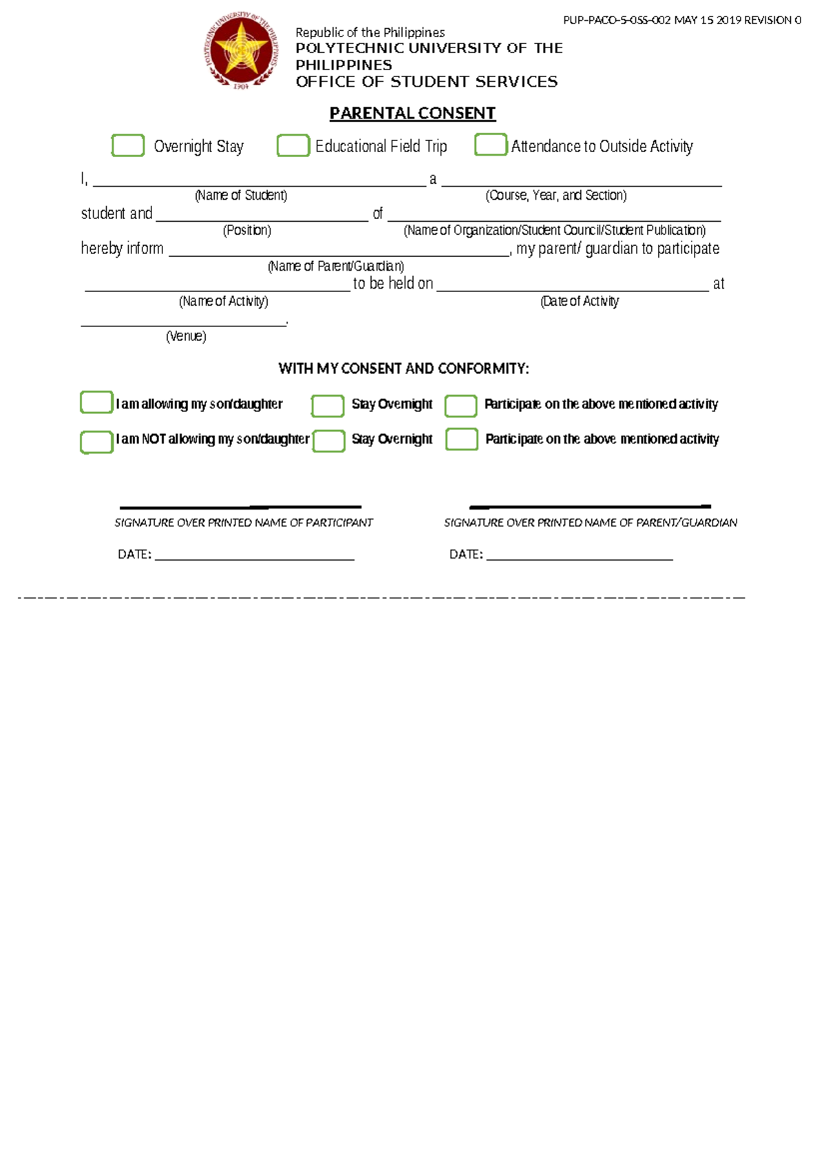 Parental Consent Form for Overnight Educational Trip PUP 073730 - Studocu