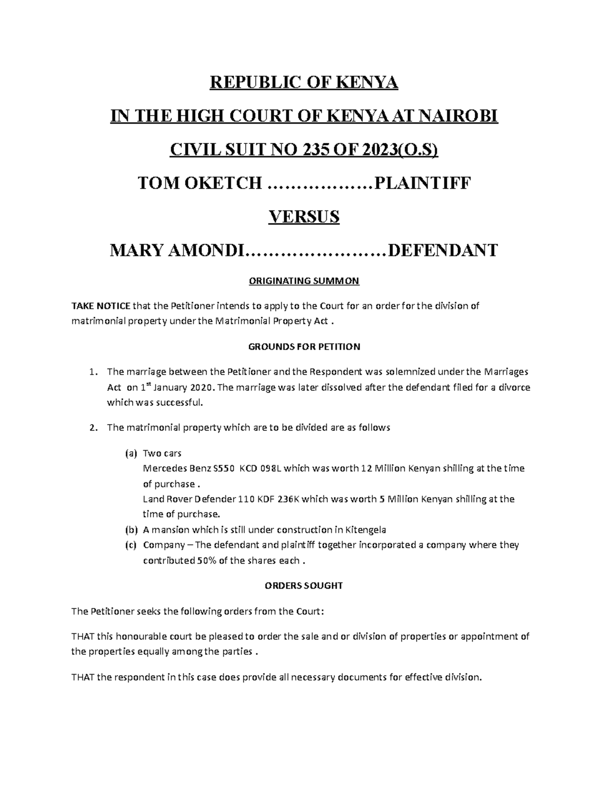 Originating Summons & Affidavit in Civil Suit No. 235 of 2023(O.S ...