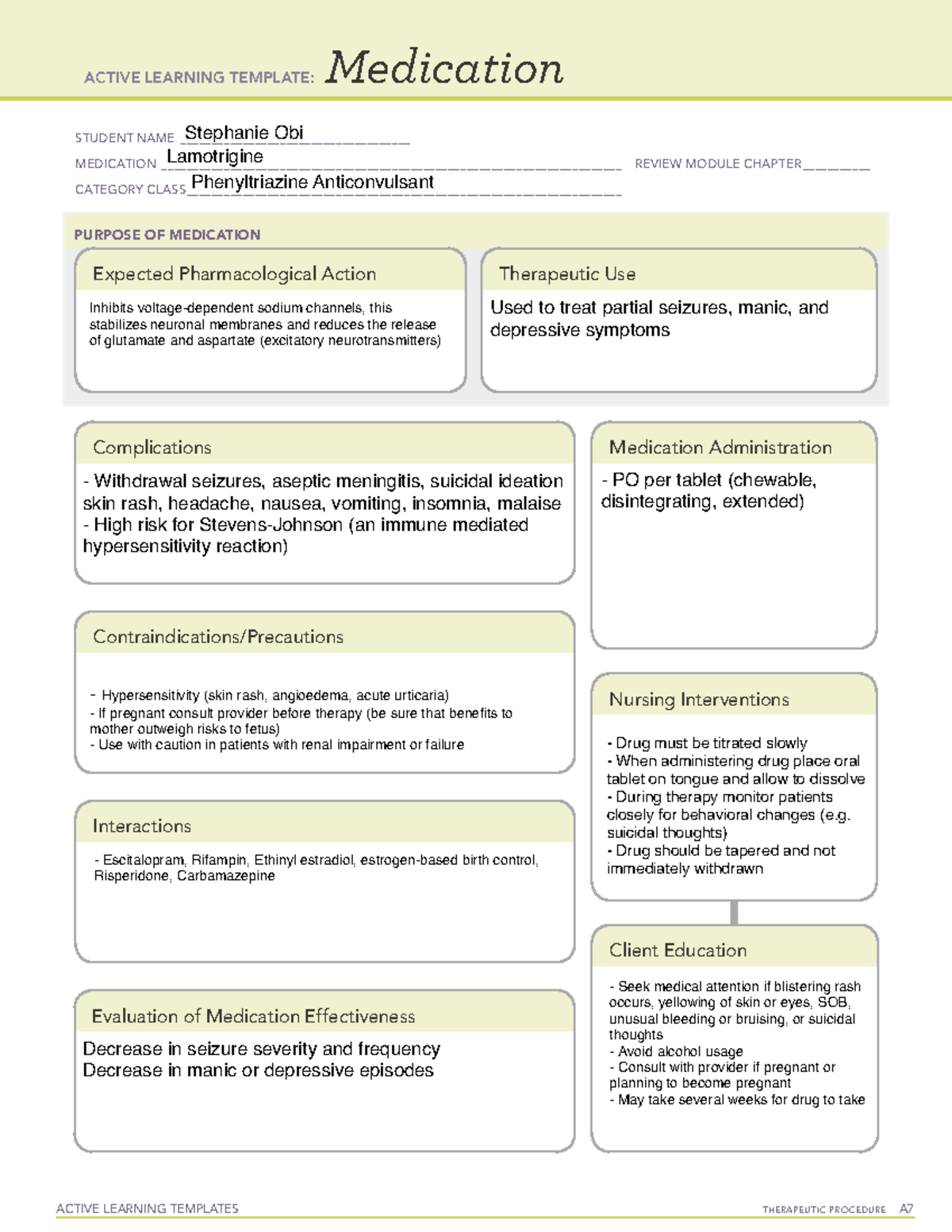Active Learning Template: Lamotrigine Overview & Admin Review - Studocu