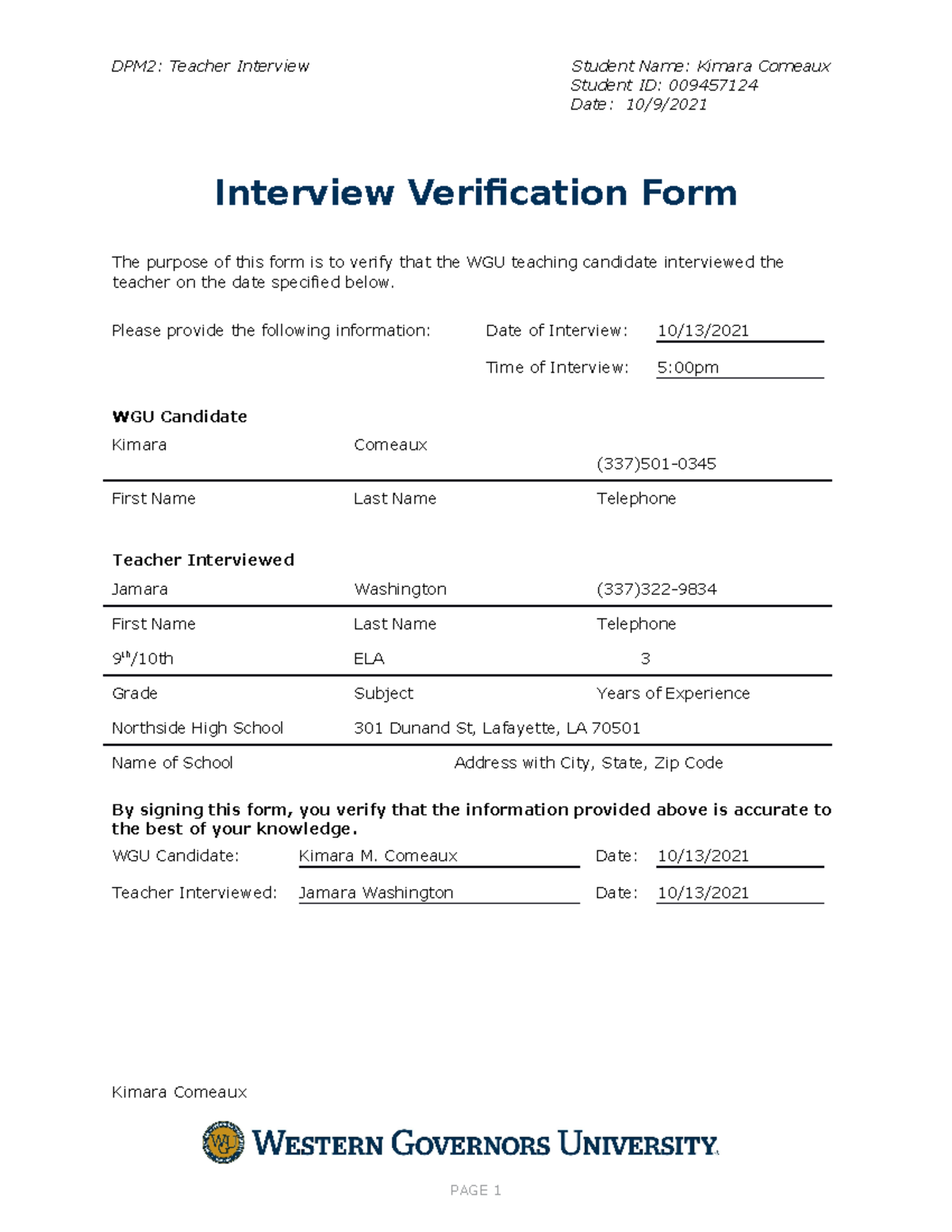 Interview Verification Form and Task 2 - DPM2: Teacher Interview ...