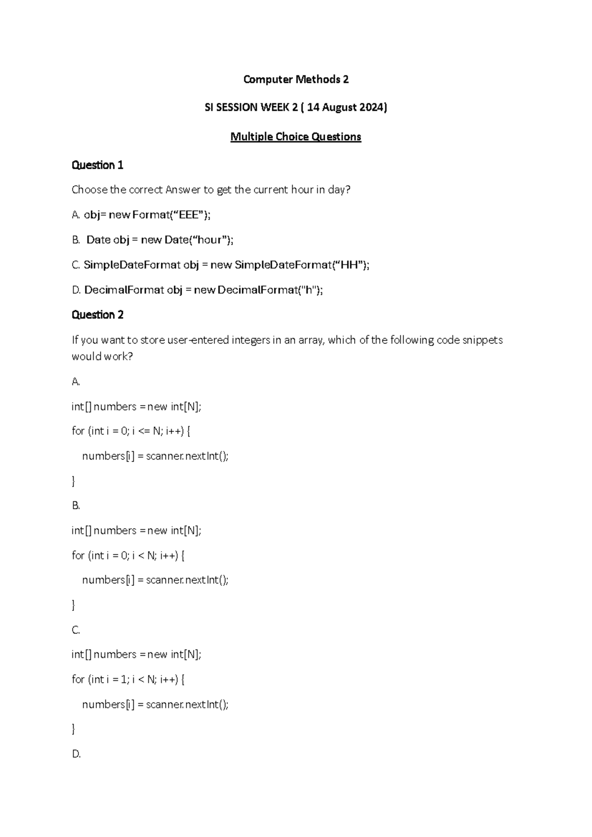 Computer Methods 2 SI Session Week 2 MCQs and Tasks - Studocu