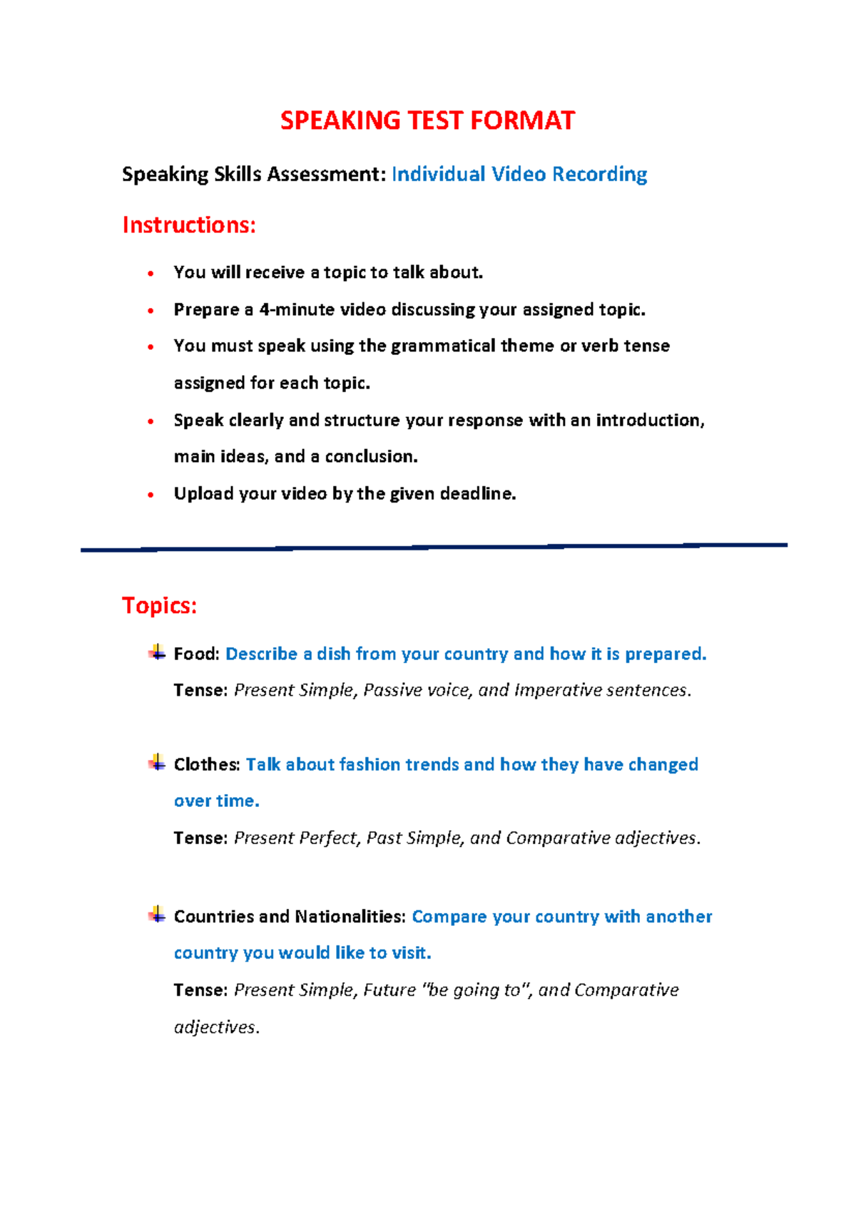 Speaking TEST Format - TAREA - SPEAKING TEST FORMAT Speaking Skills ...
