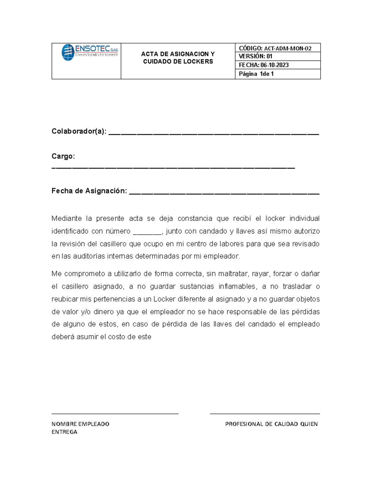 Acta de Asignación y Cuidado de Lockers - ACT-ADM-MON v01 - Studocu