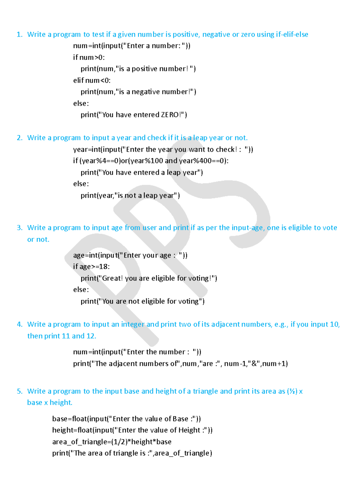 Class X Python Programs: Conditional Statements & Loops - Studocu