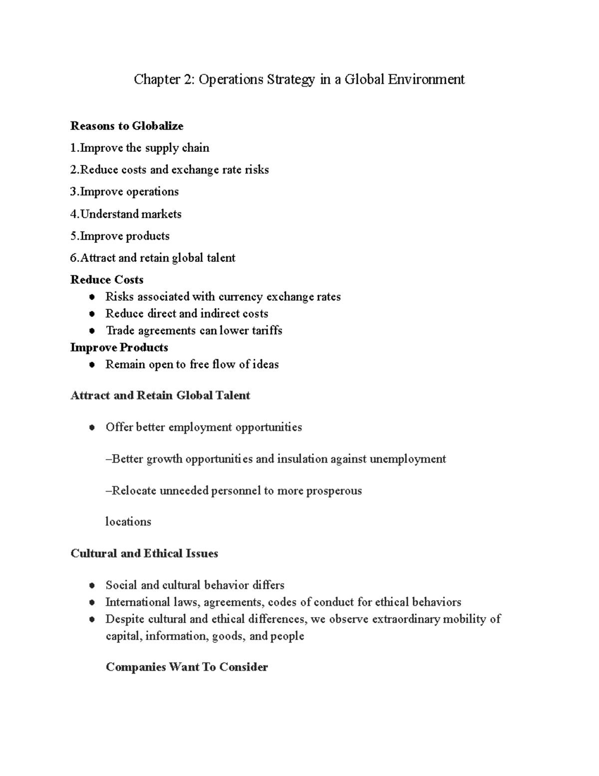 Chapter 2 - Chapter 2: Operations Strategy in a Global Environment Reasons to Globalize 1 the ...