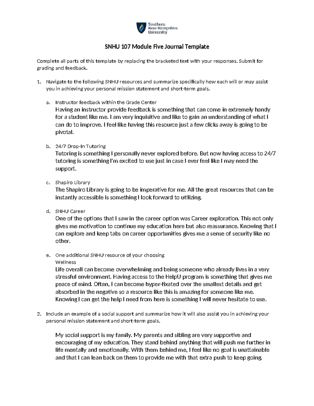 SNHU 107 Module 5 Journal: Personal Mission & Support Resources - Studocu