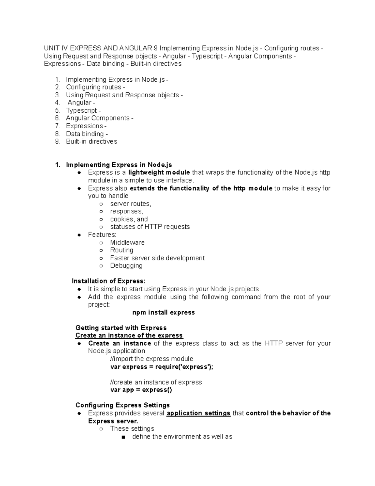 UNIT IV: Implementing Express & Angular 9 in Node.js Development - Studocu