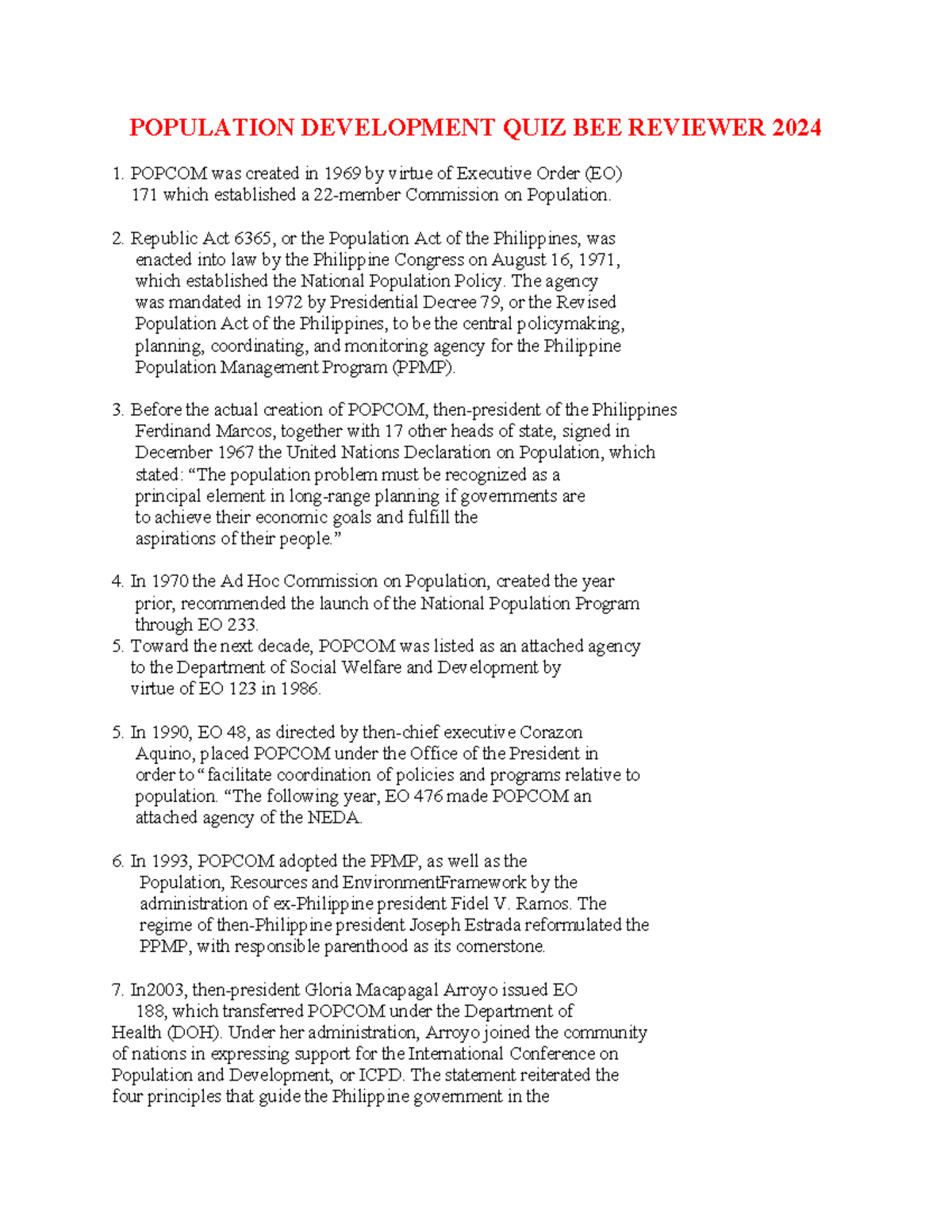 Population Education 2024: Comprehensive Quiz Bee Reviewer - Studocu