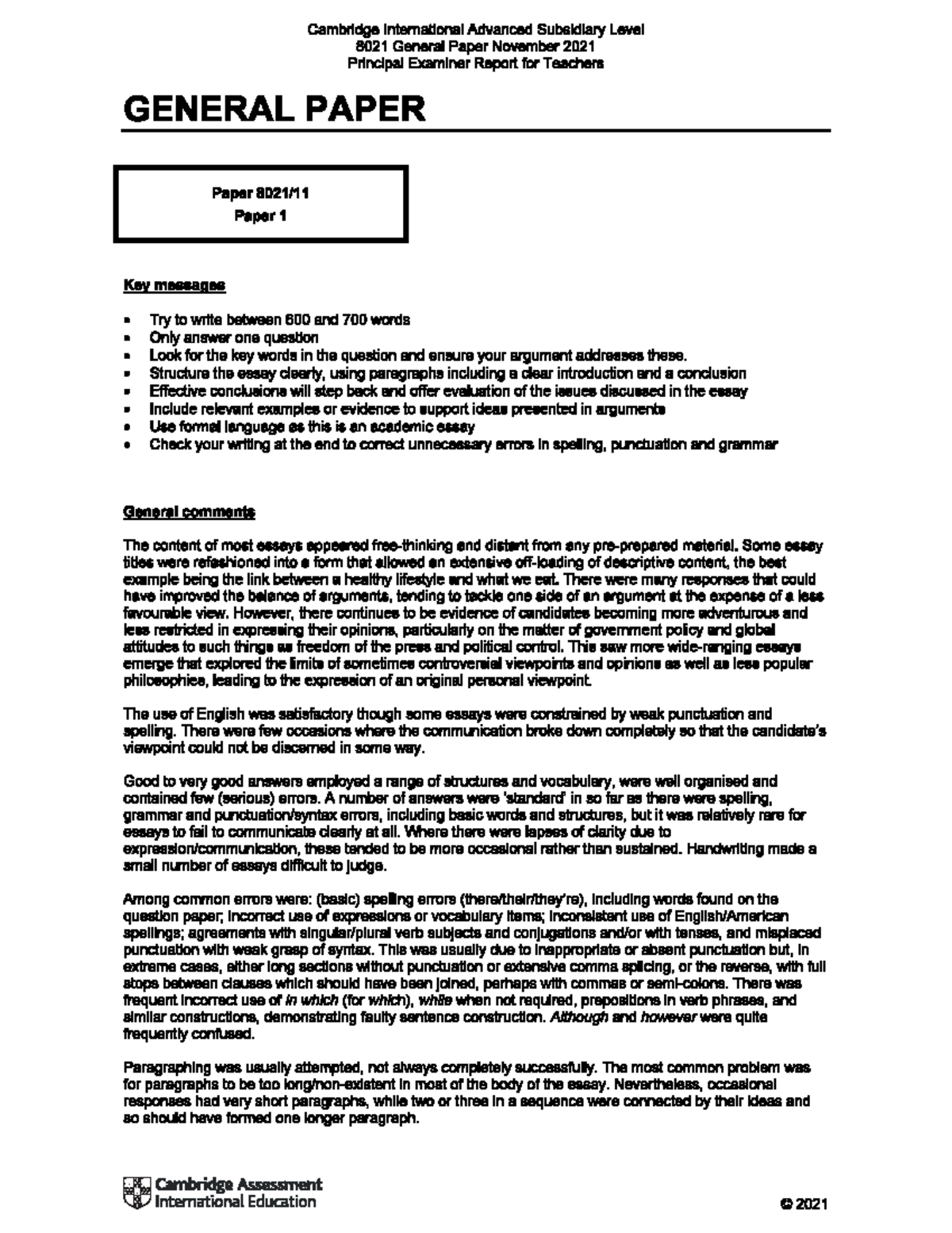 Cambridge International AS Level 8021 General Paper November 2021 ...