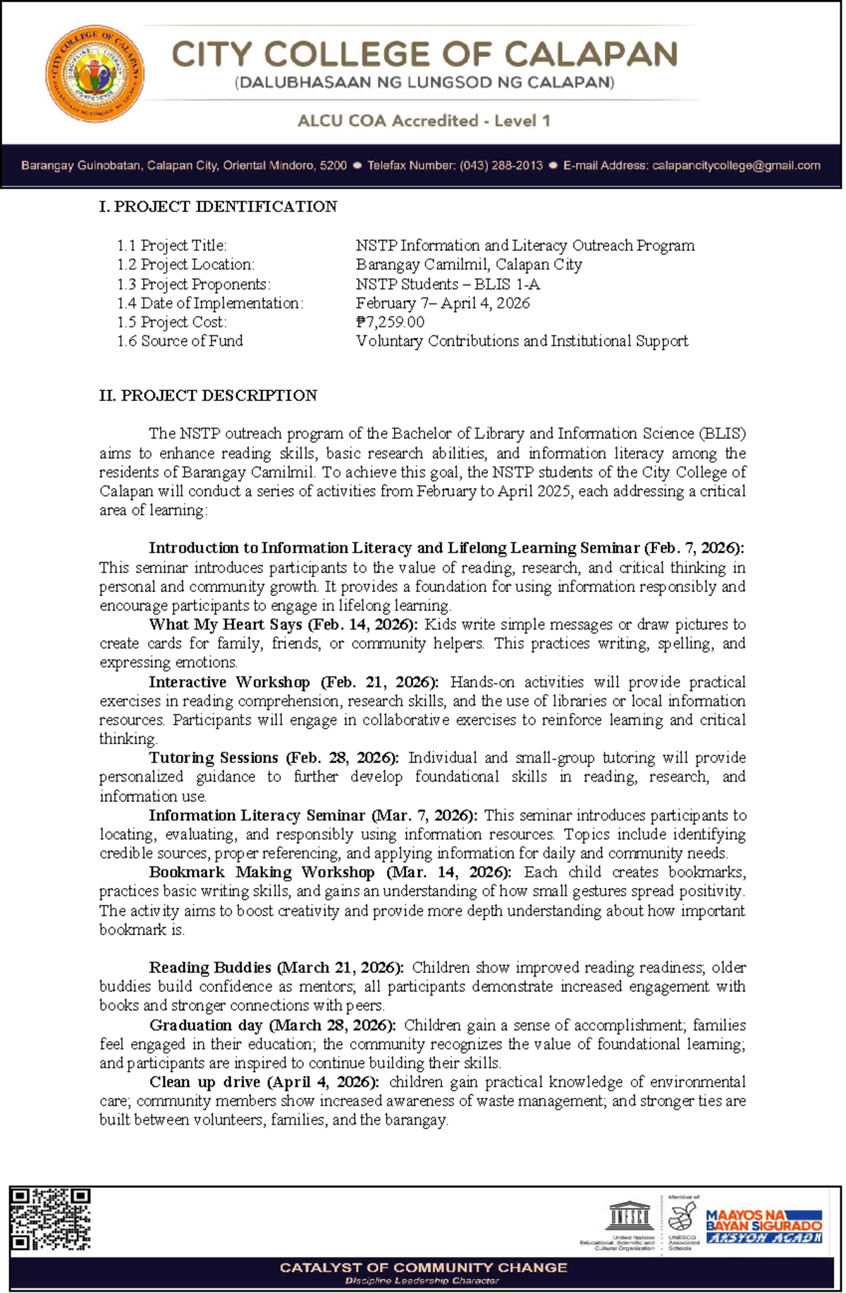NSTP Outreach Program Proposal: Enhancing Literacy in Barangay Camilmil ...