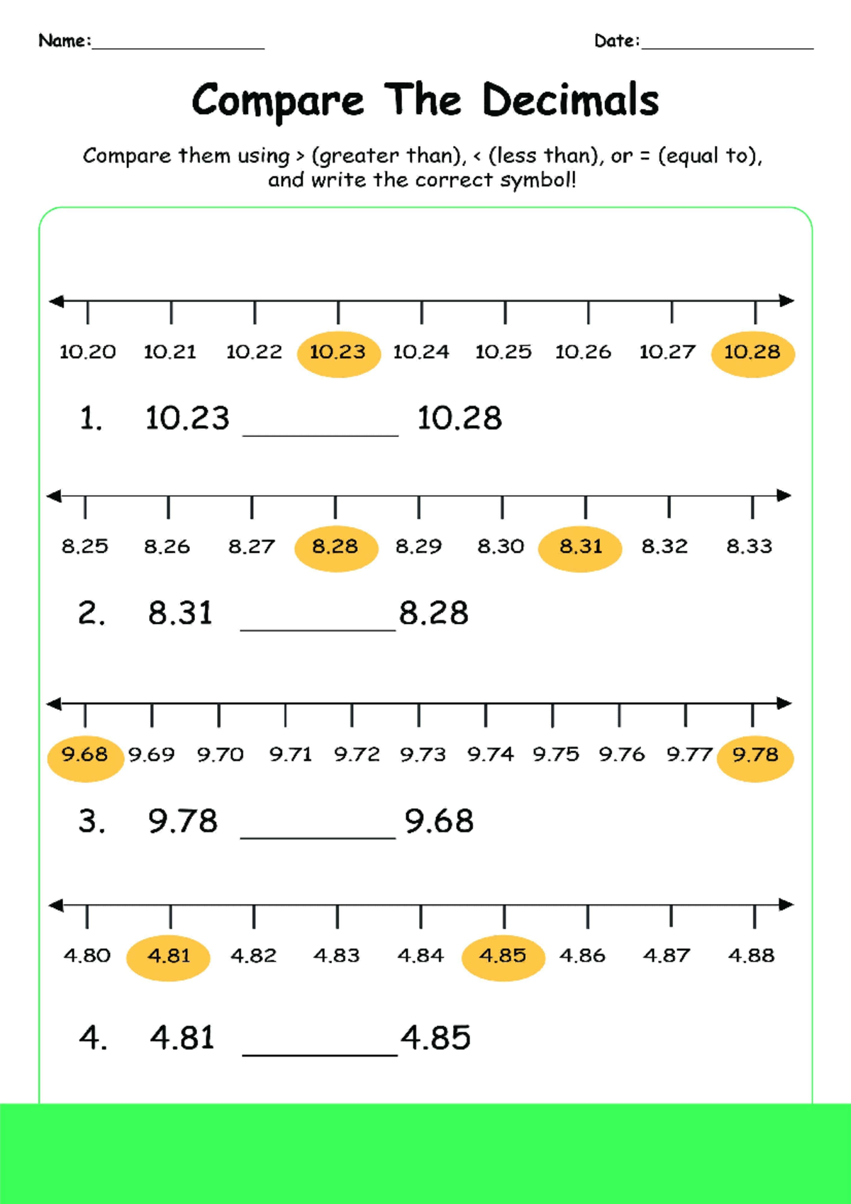 Comparing Decimals Using Number Lines - 4th Grade Worksheet - Name ...