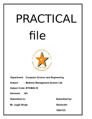 Database Management system Practical File - PRACTICAL file ####### Department: Computer Science ...