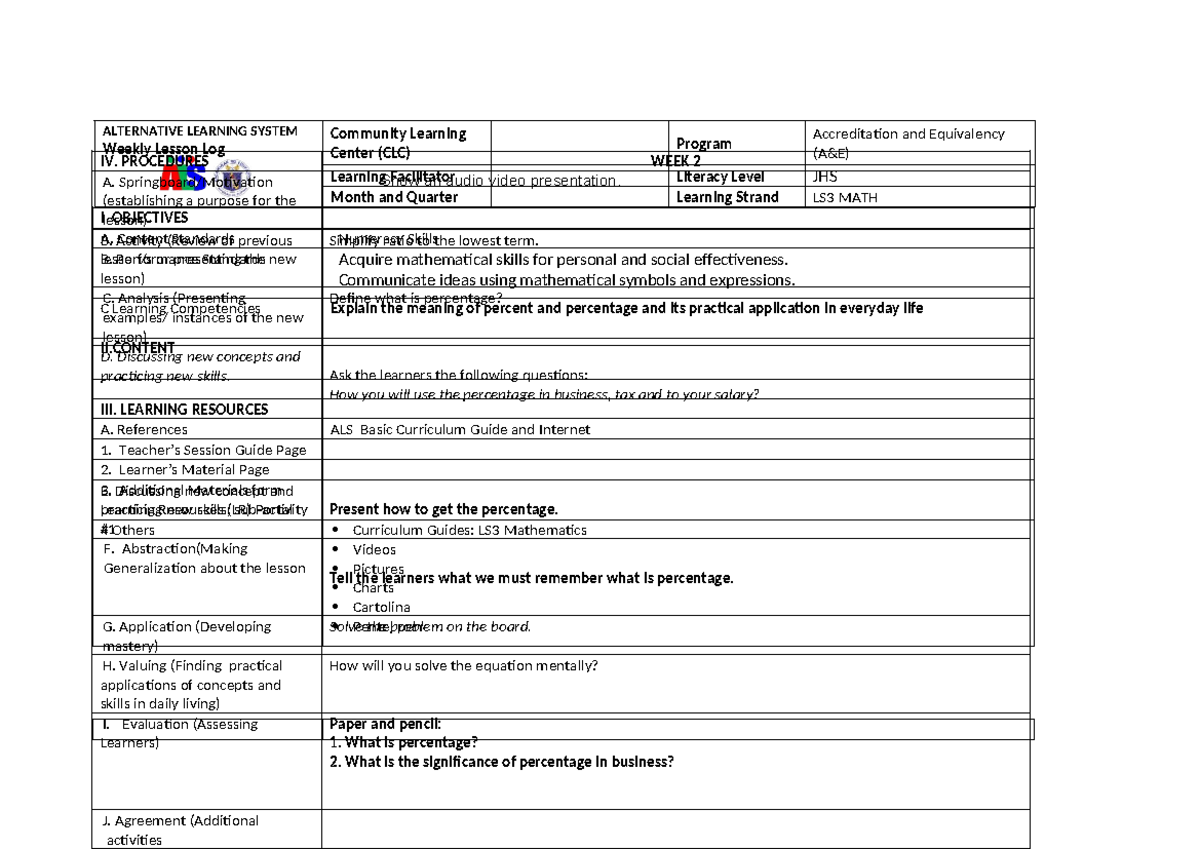 LS3 Week 2 JHS - Alternative Learning System Lesson Log - Studocu