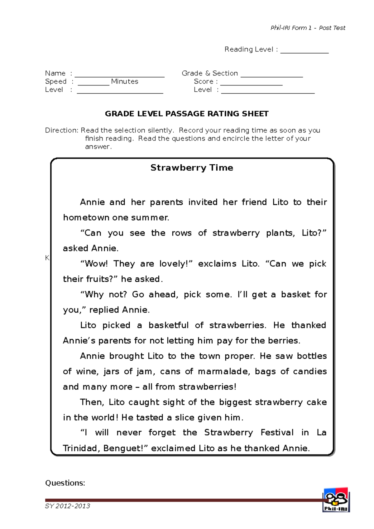 Grade 3 Reading Level Post Test: Strawberry Time Passage - Studocu