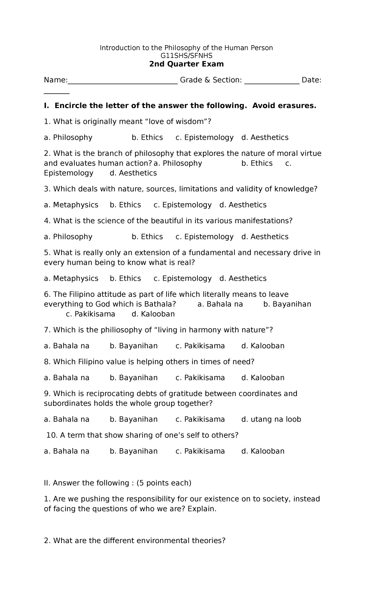 G11SHS/SFNHS 2nd Quarter Exam: Philosophy of the Human Person - Studocu