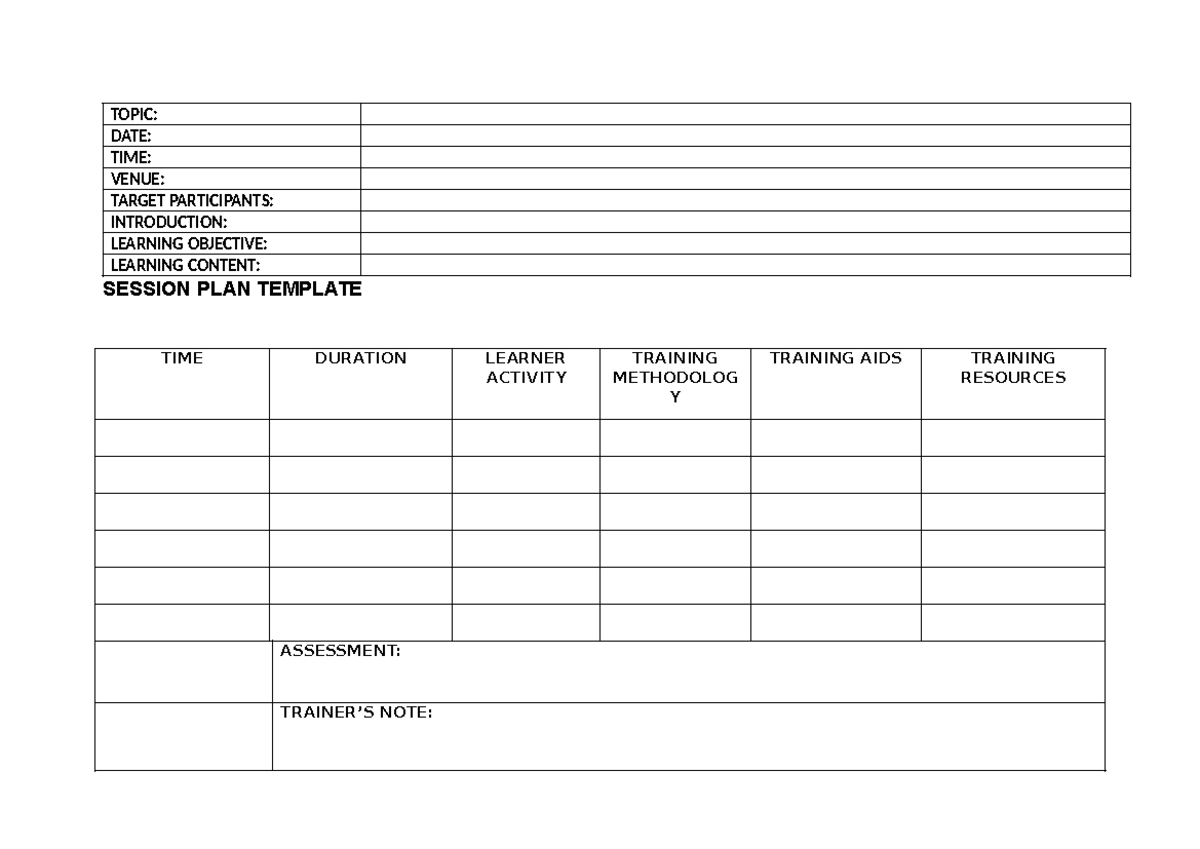 Session Plan Template for Training - July 26, 2023 - Studocu