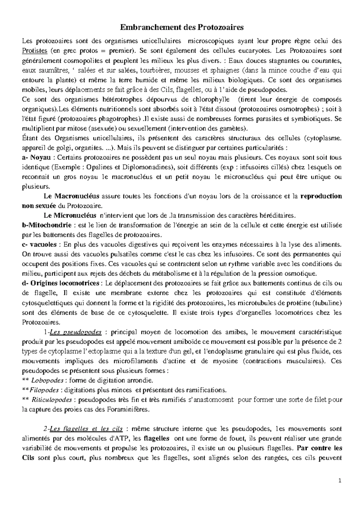 Chapitre sur les Protozoaires : Morphologie et Classification des ...
