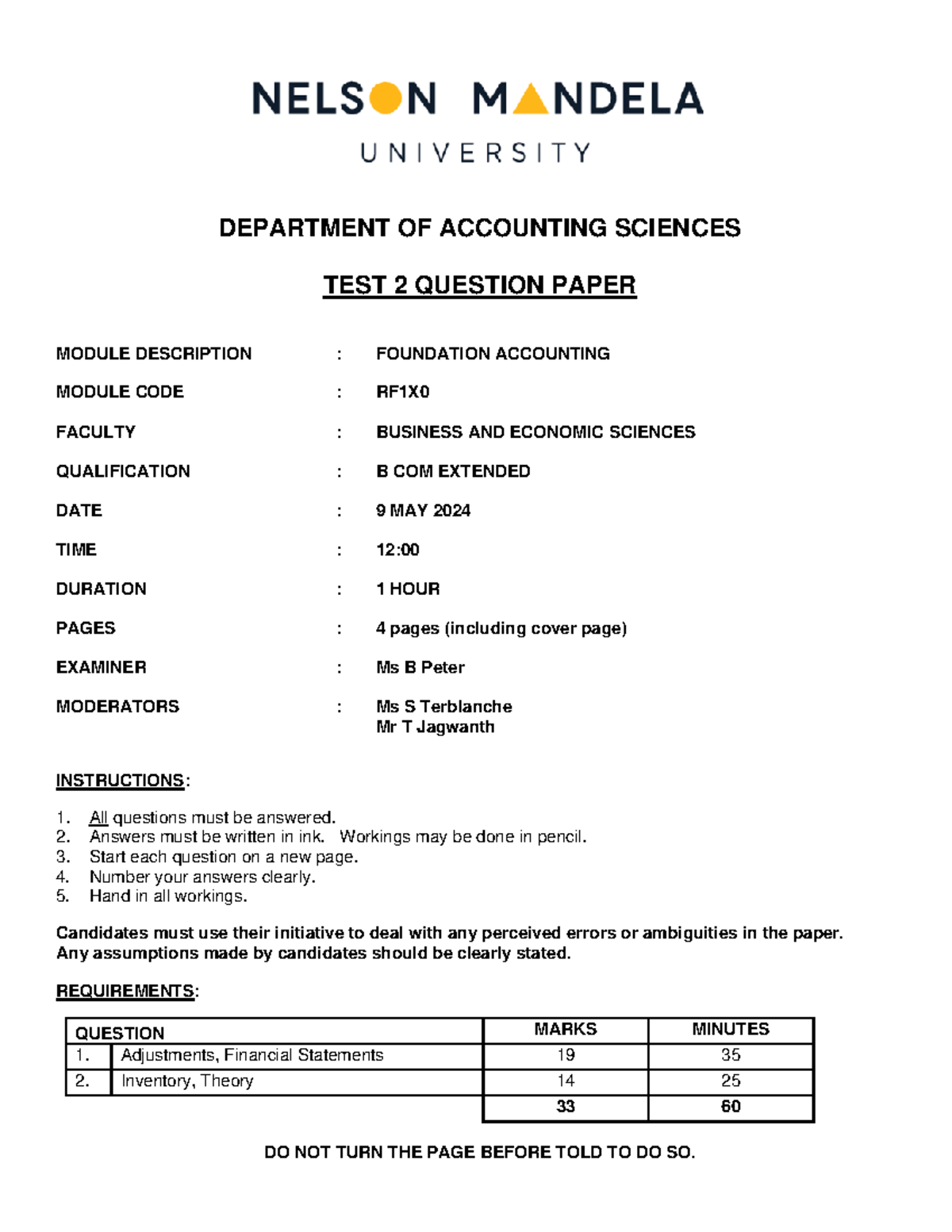 RF1X0: TEST 2 Question Paper - Foundation Accounting, 9 May 2024 - Studocu