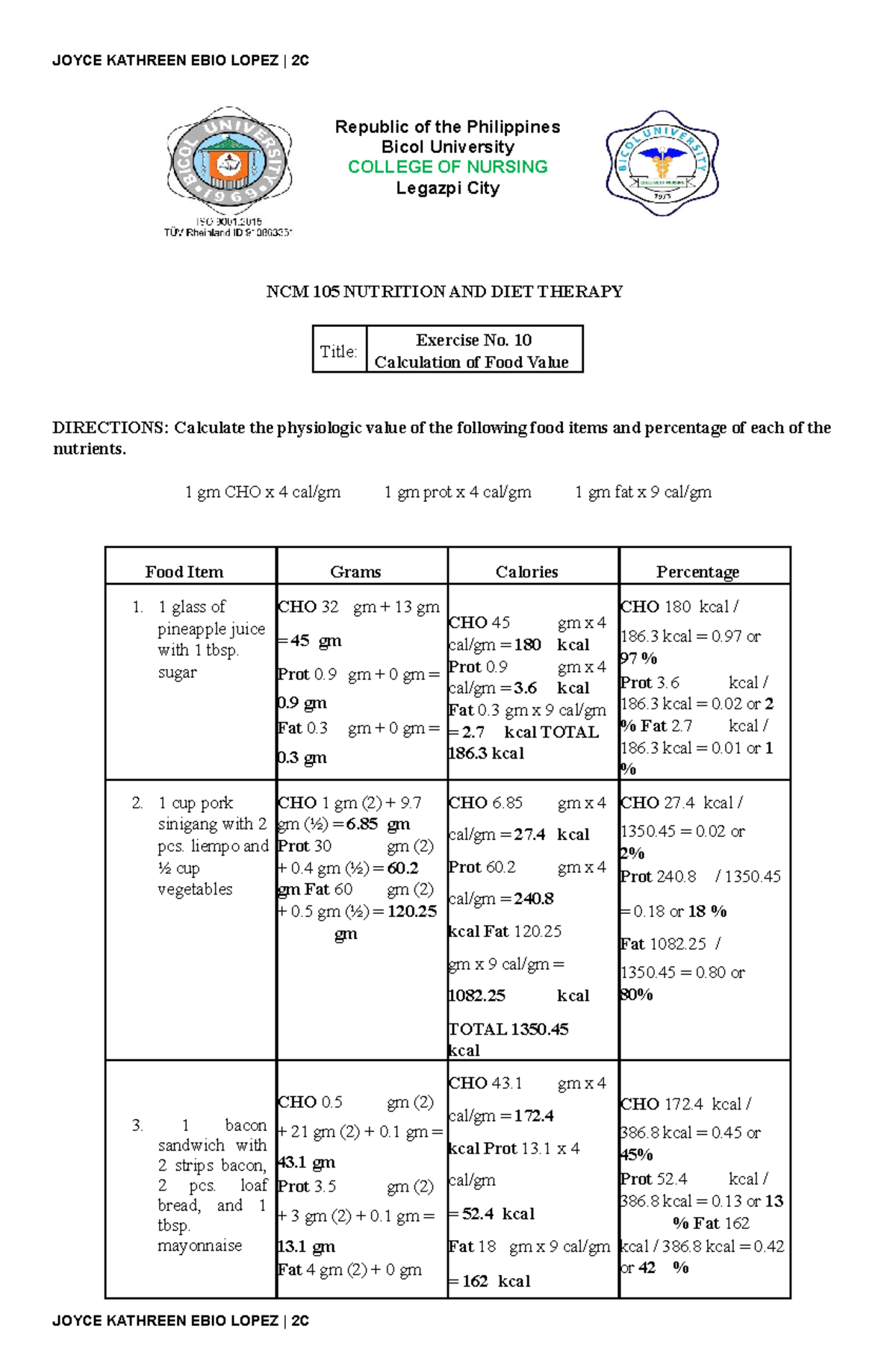 Lopez 2C- NDT-Excercise 10&11 - NCM 105 NUTRITION AND DIET THERAPY ...