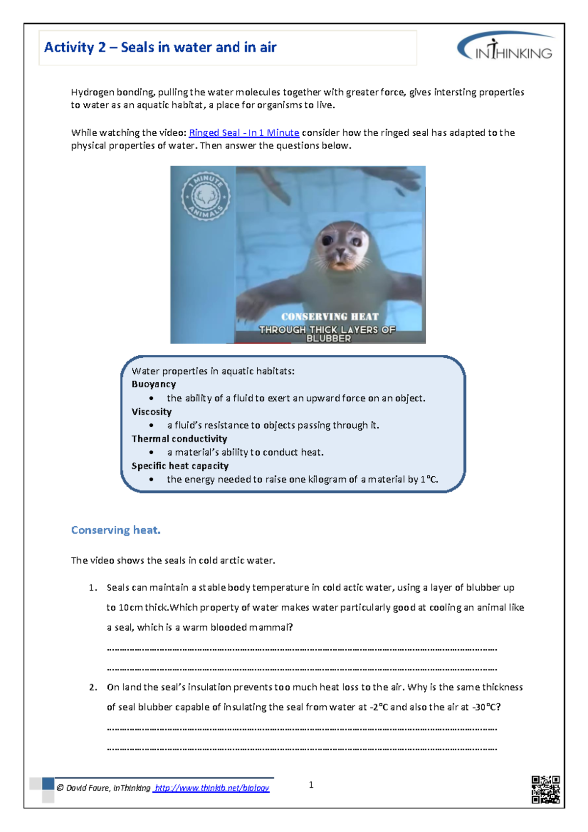 Seals in Water and Air: Activity 2 on Hydrogen Bonding and Adaptations ...