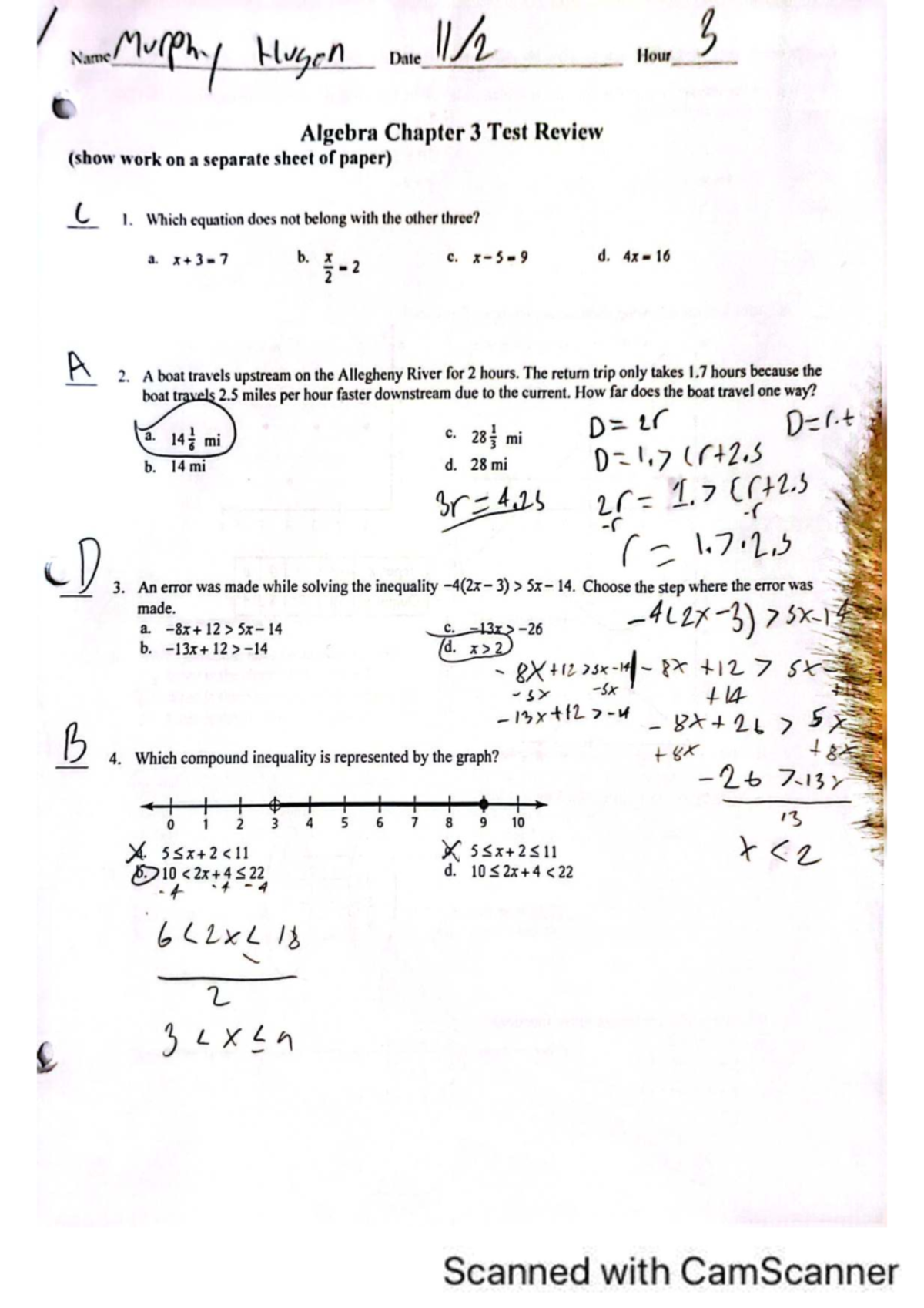 Algebra 3 Test Review - Hour 3 (Name: Murphy Hugen) - Studocu